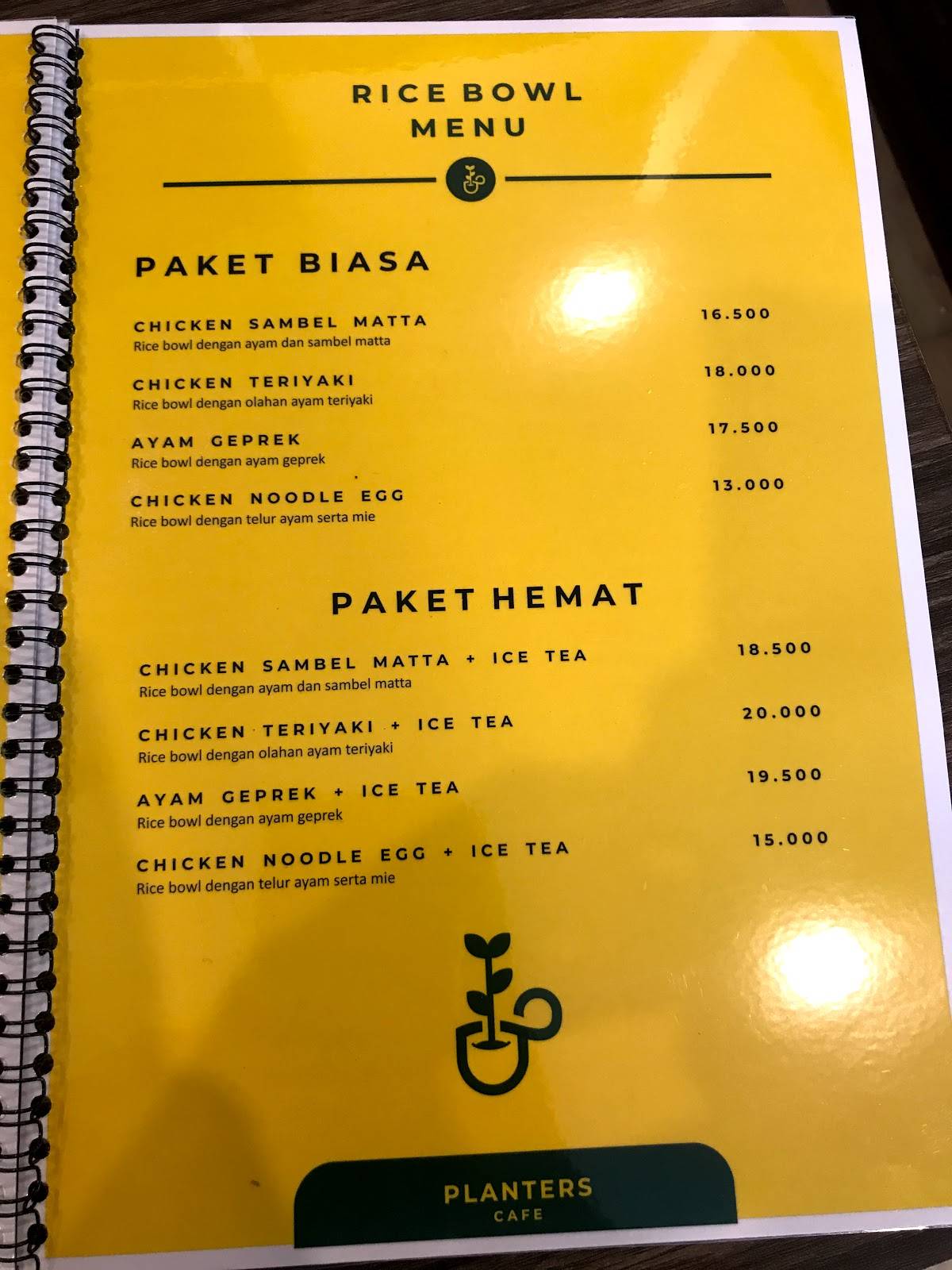 Carta del café Planters Coffee, Yogyakarta