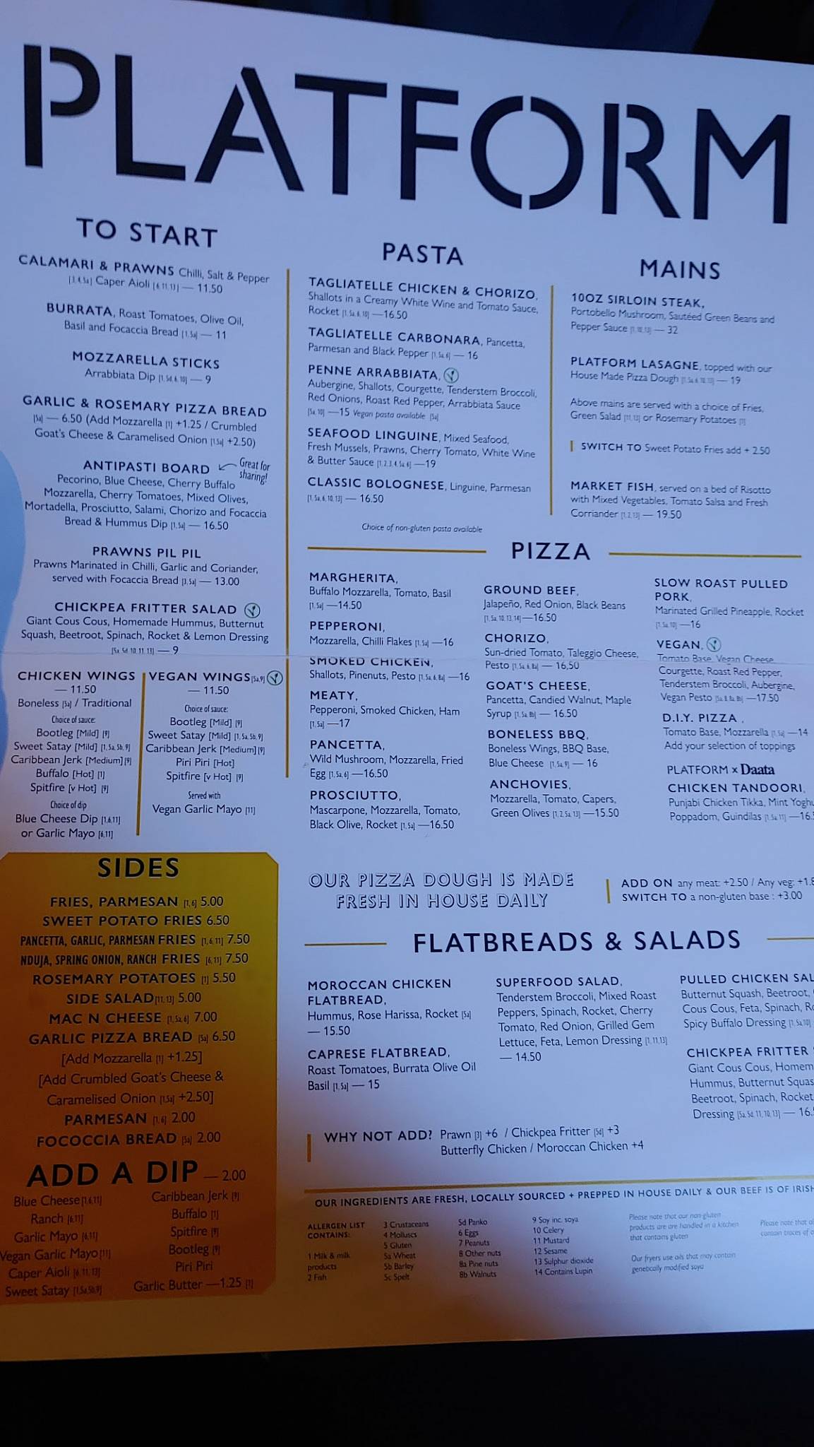 Menu at Platform Pizza Bar Bray, Bray