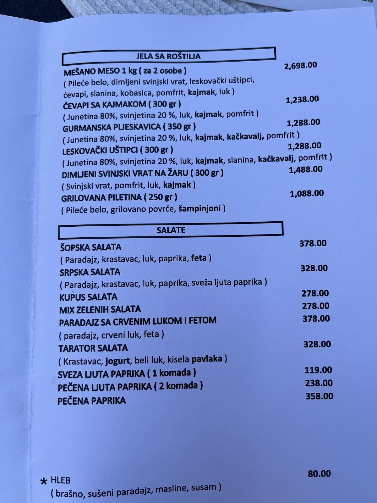 Menu at Plava Ruža restaurant, Apatin