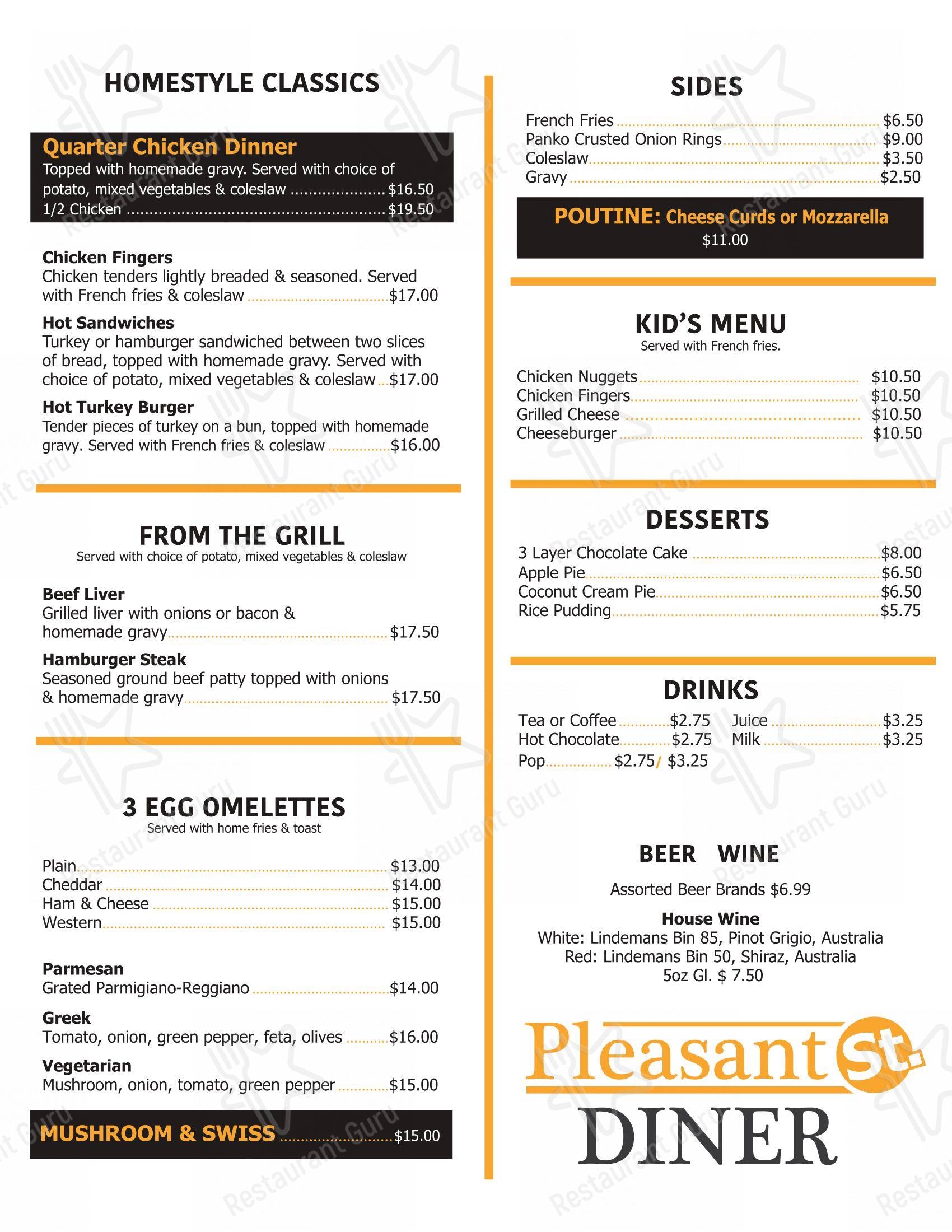 Menu at Pleasant Street Diner restaurant, Dartmouth
