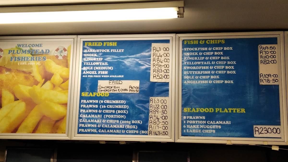Menu at Plumstead Fisheries restaurant, Cape Town