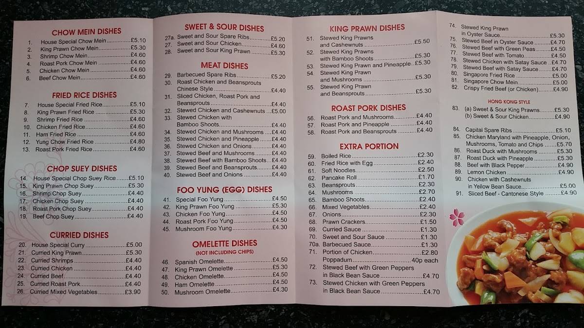 Menu at Po Sang fast food, Porth