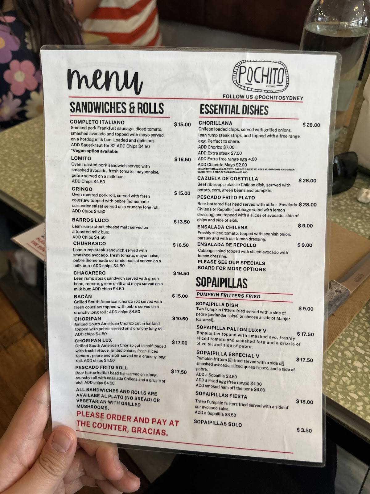 Menu at Pochito restaurant, Mascot