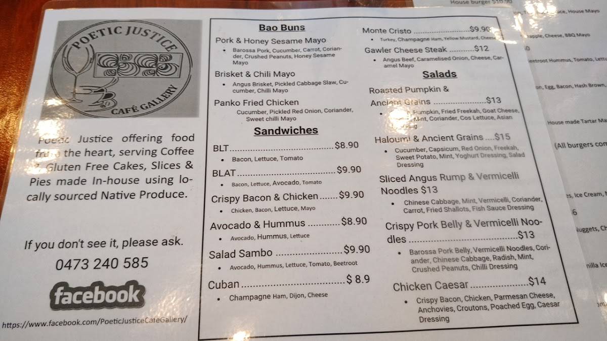 Menu at Poetic Justice Cafe Gallery, Gawler