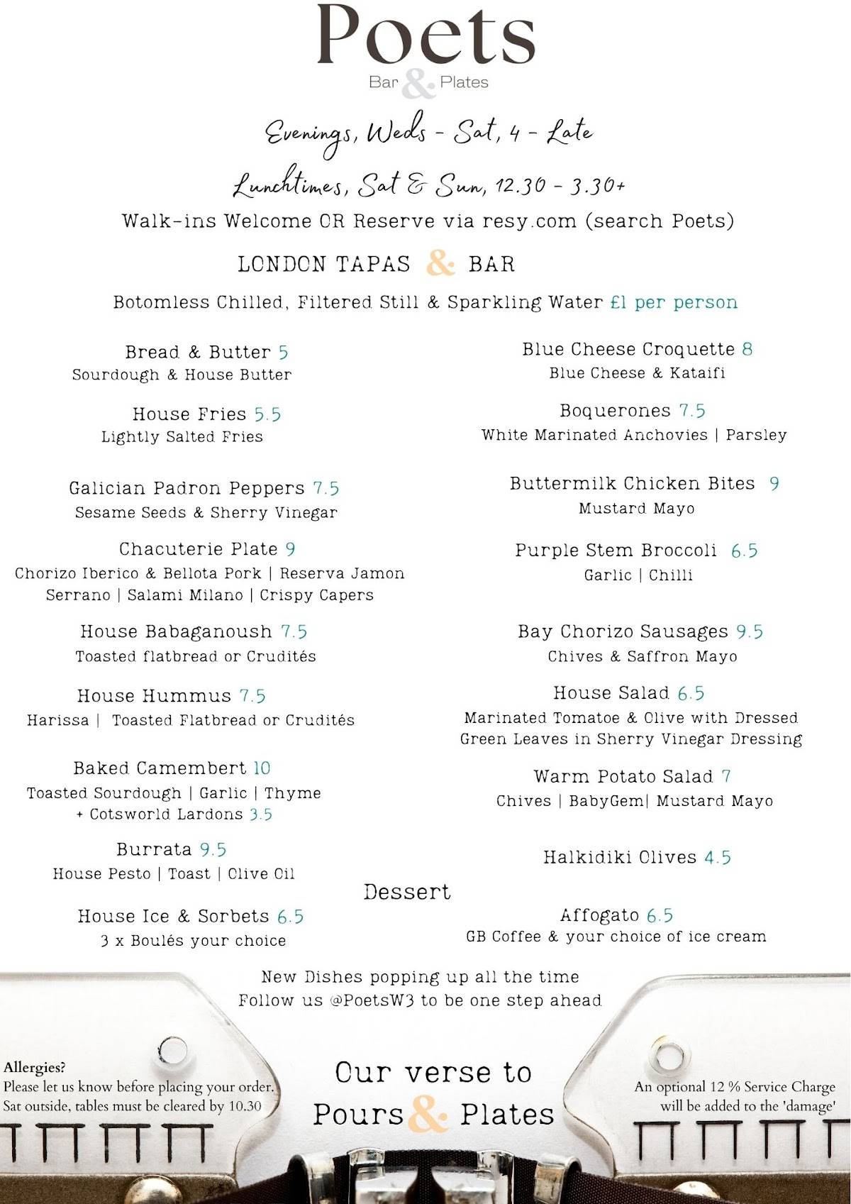 Menu at Poets cafe, London