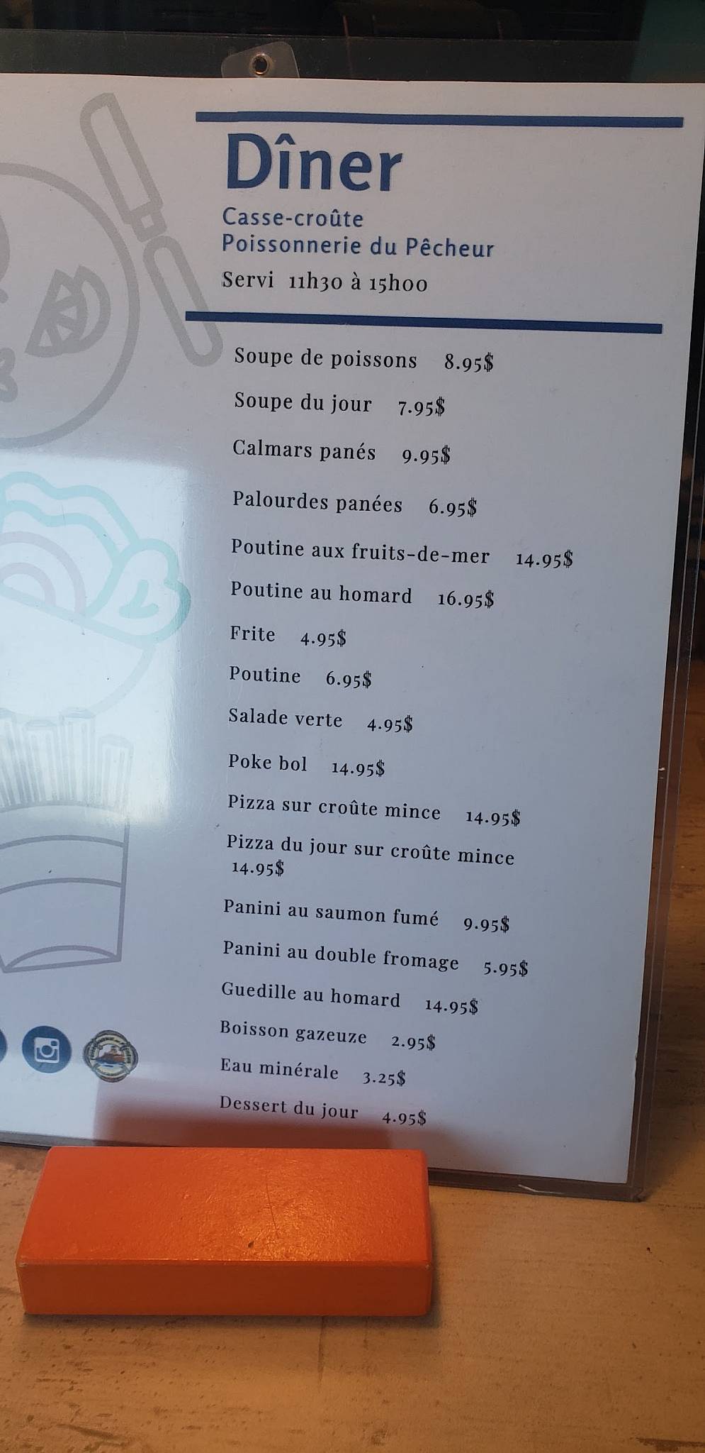 Menu au Poissonnerie du Pêcheur Inc restaurant, Bonaventure