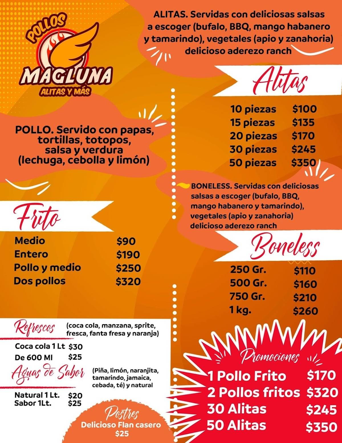 Menu at Pollos Magluna restaurant, Culiacán