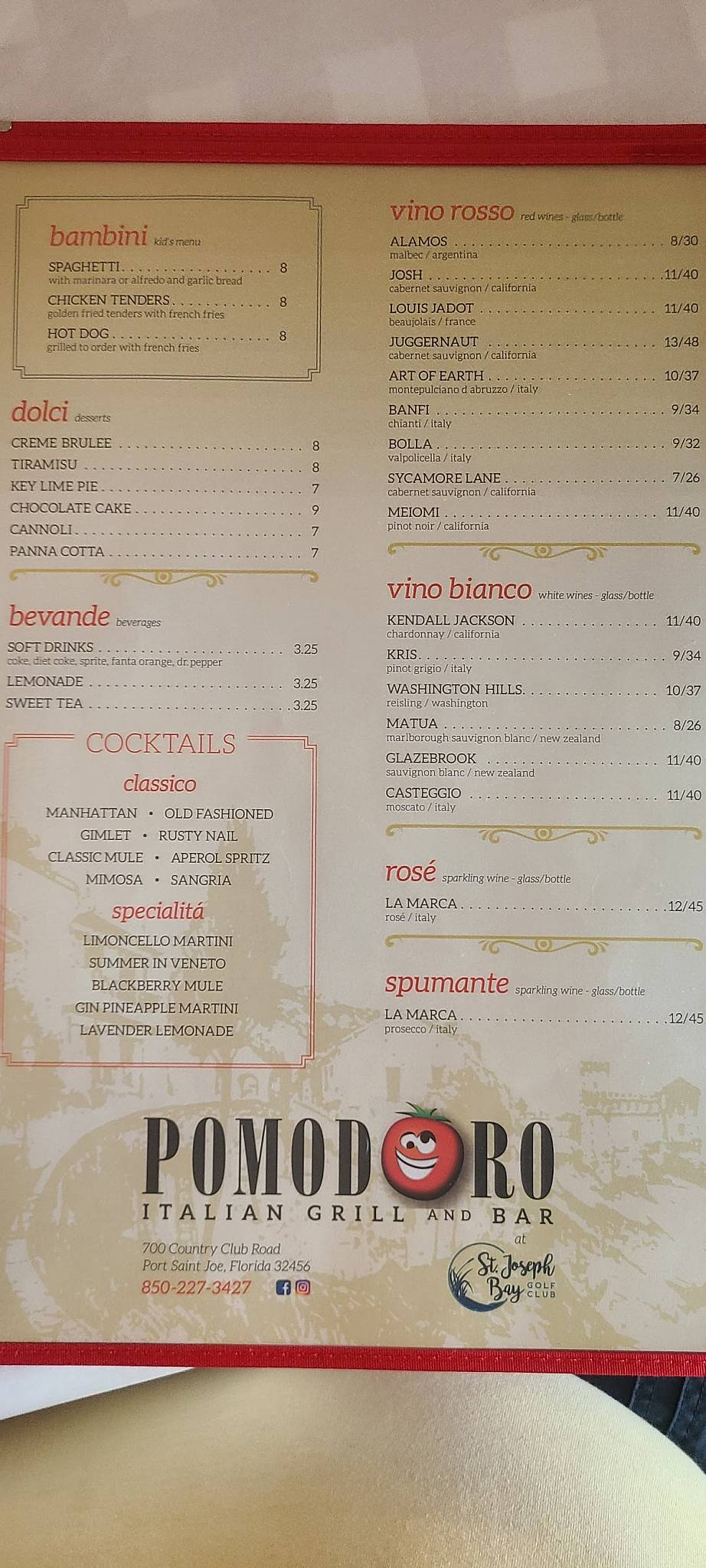 Menu at Pomodoro Italian Grill and Bar, Port Saint Joe