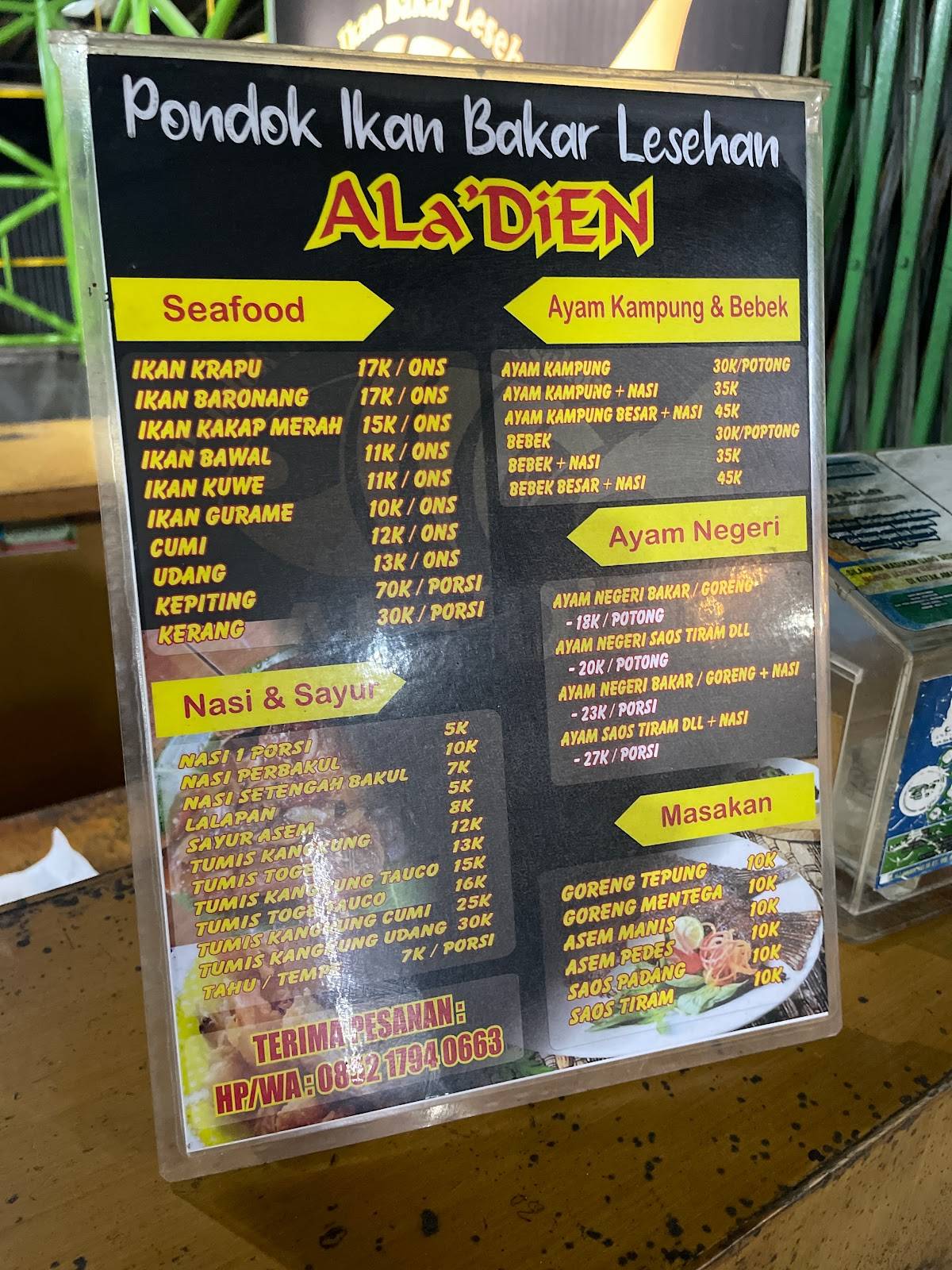 Menu at Pondok Ikan Bakar Lesehan ALa'DiEN restaurant, Tangerang