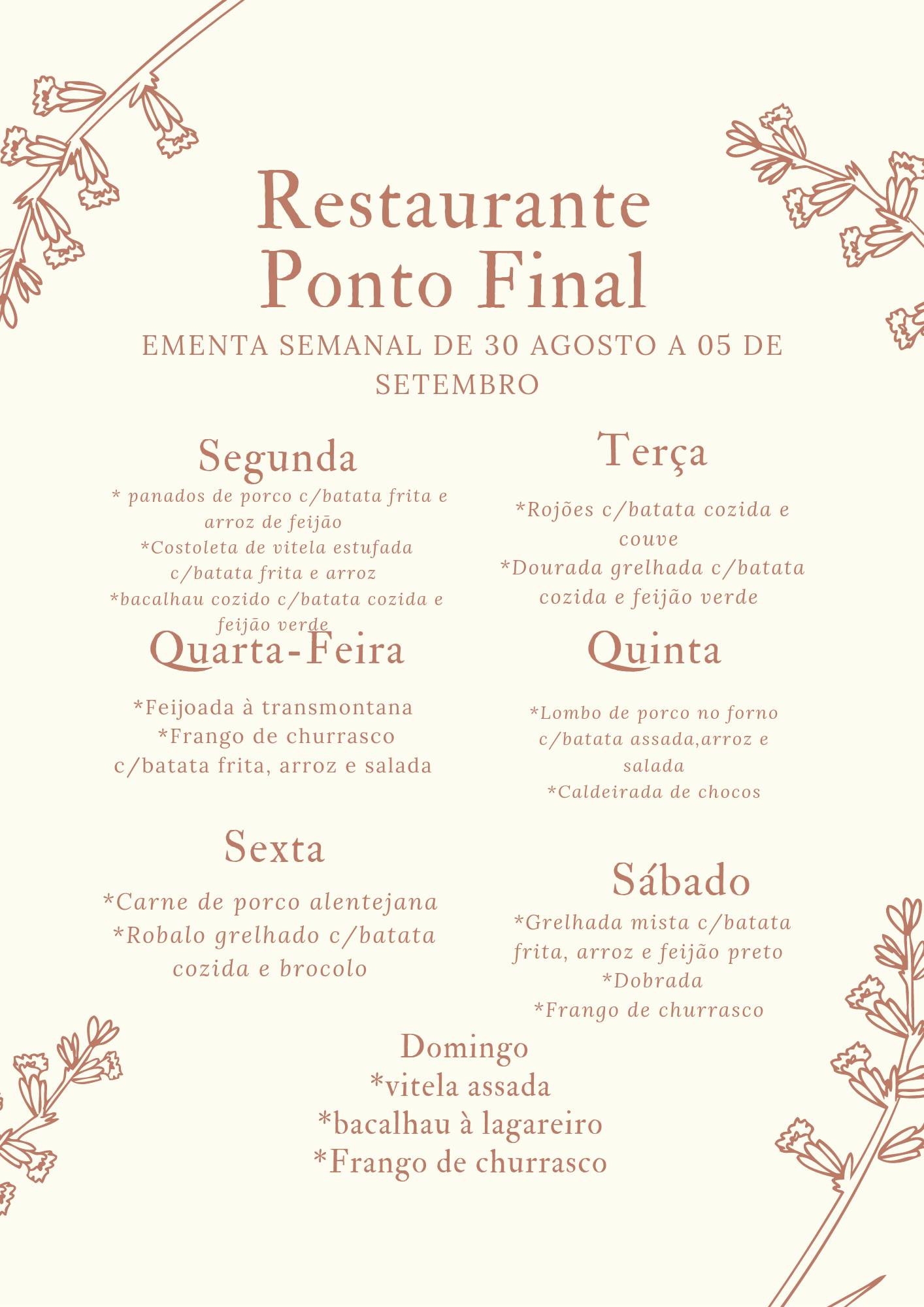 Menu em Café Restaurante Ponto Final, Sever do Vouga