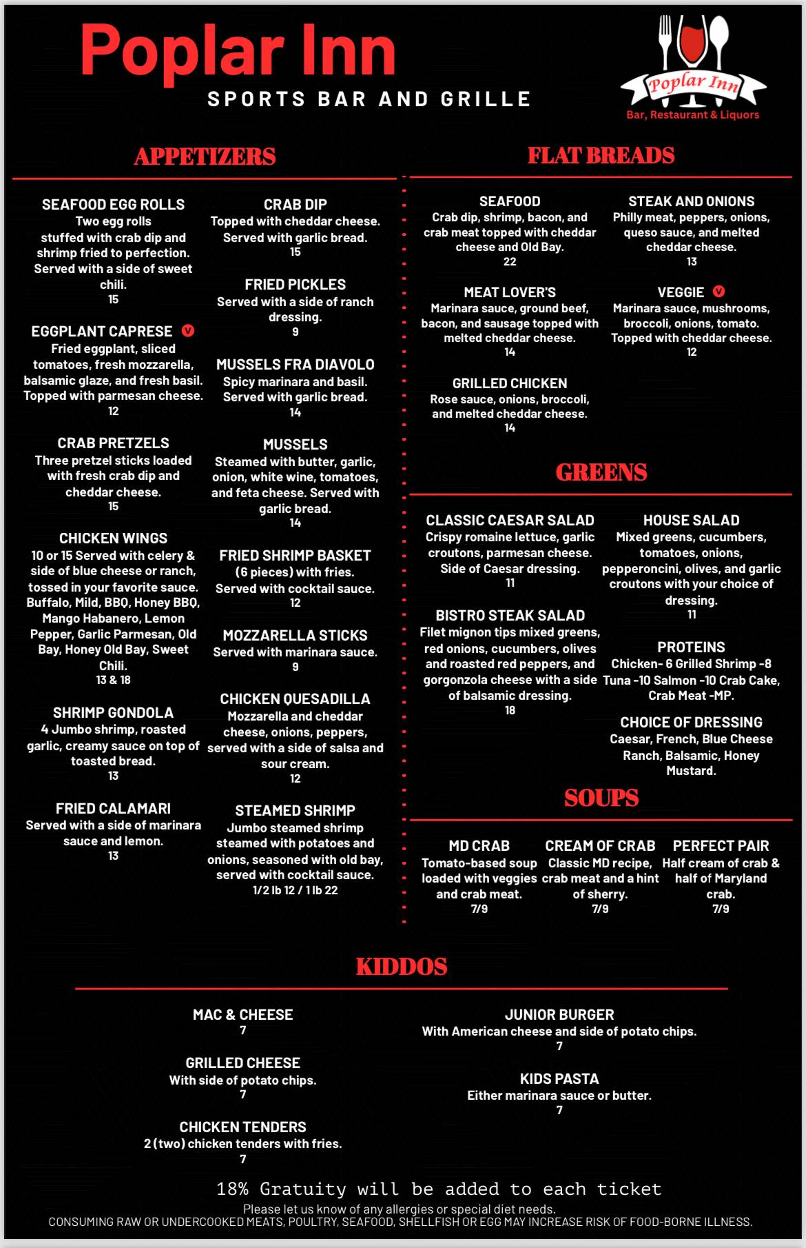 Menu at Poplar Inn pub & bar, Baltimore