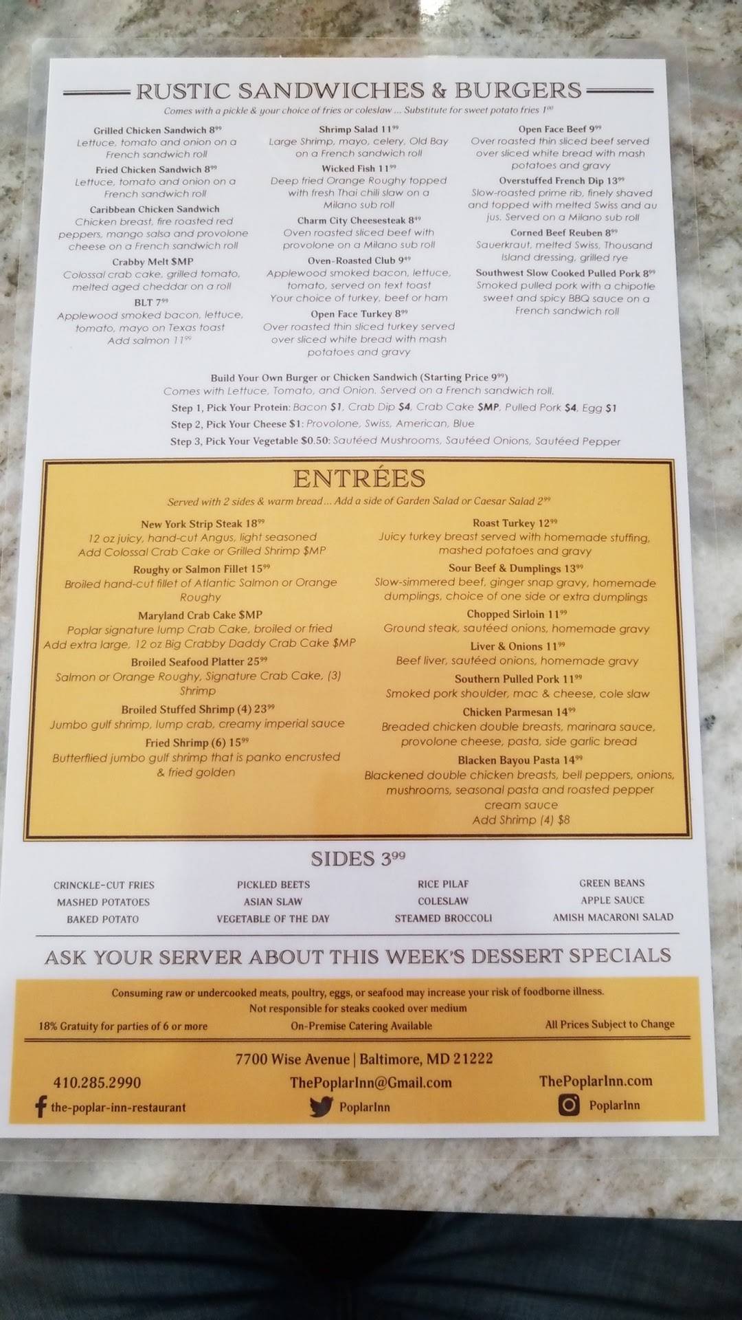 Menu at Poplar Inn pub & bar, Baltimore