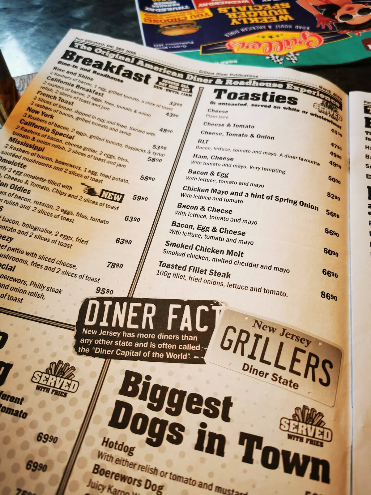 Menu at Grillers restaurant, Port Elizabeth