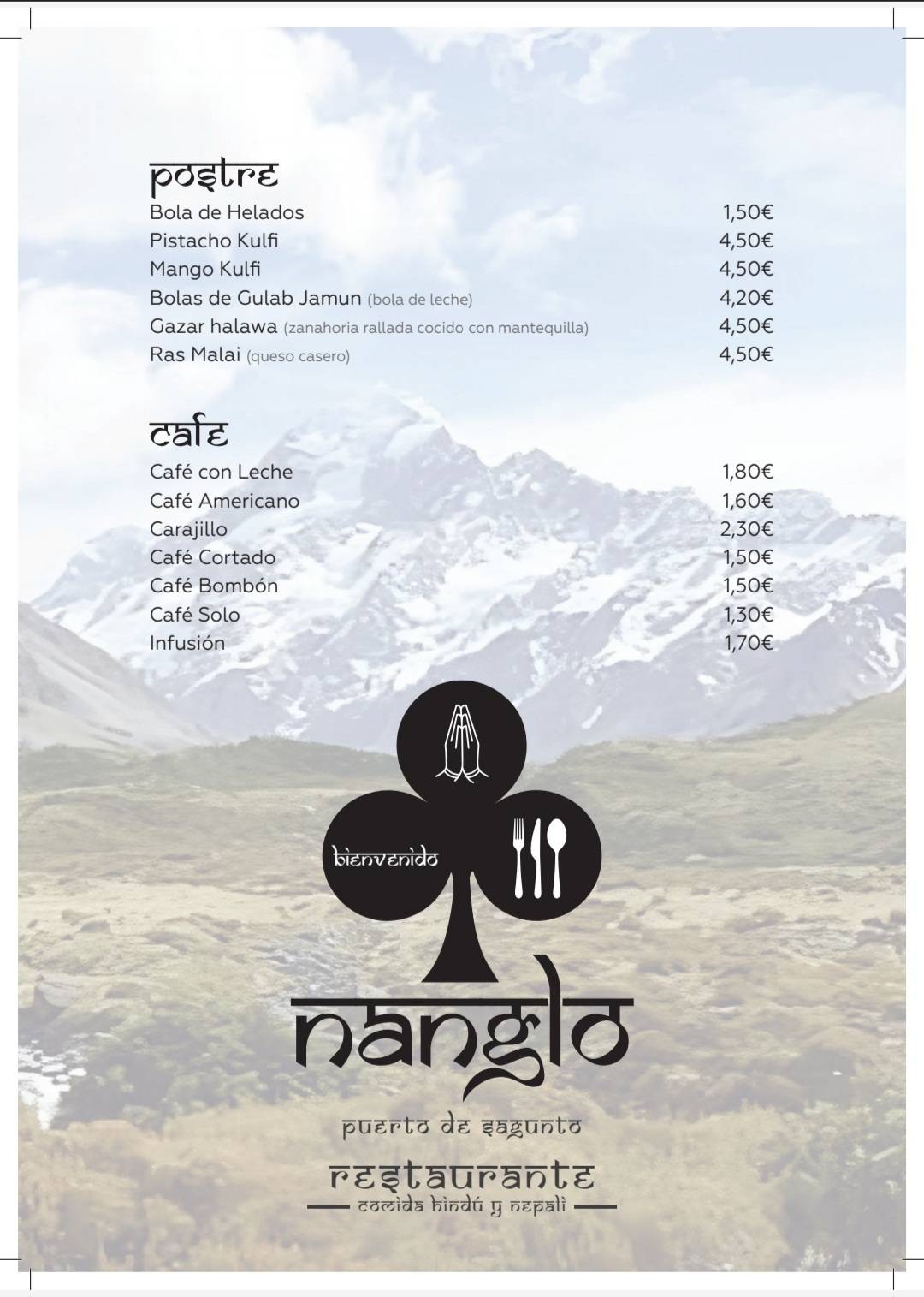 Menu at Nanglo Indian Nepalese restaurant, Port de Sagunt