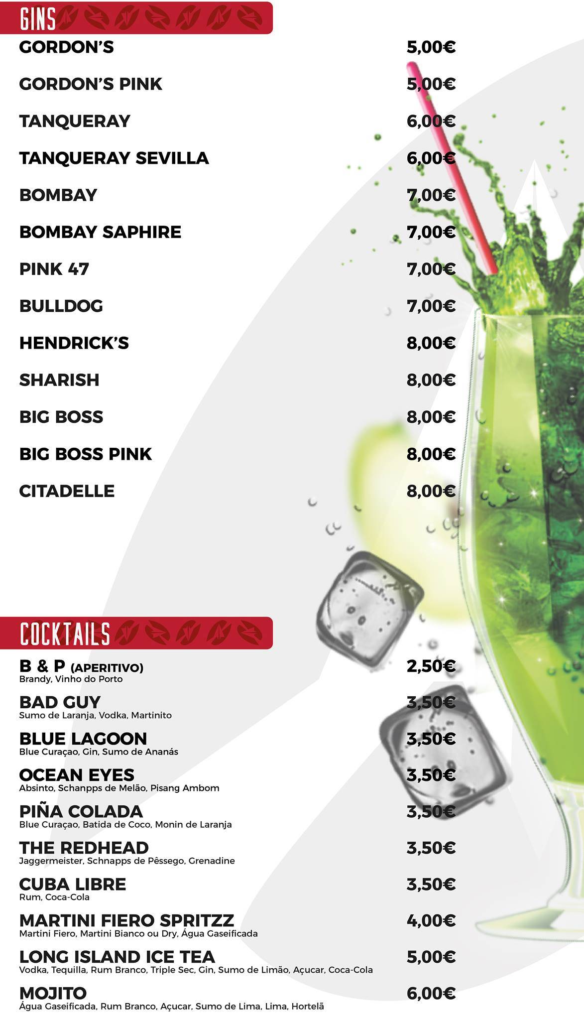 Menu em Porta aviões bar, Portalegre