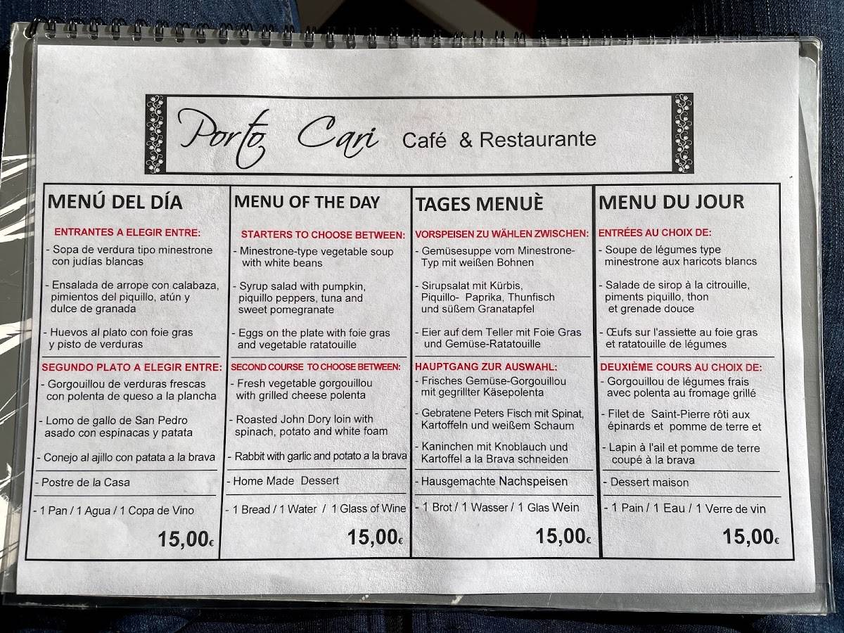 Carta de Porto Cari Restaurant & Cafe, Cala D'or