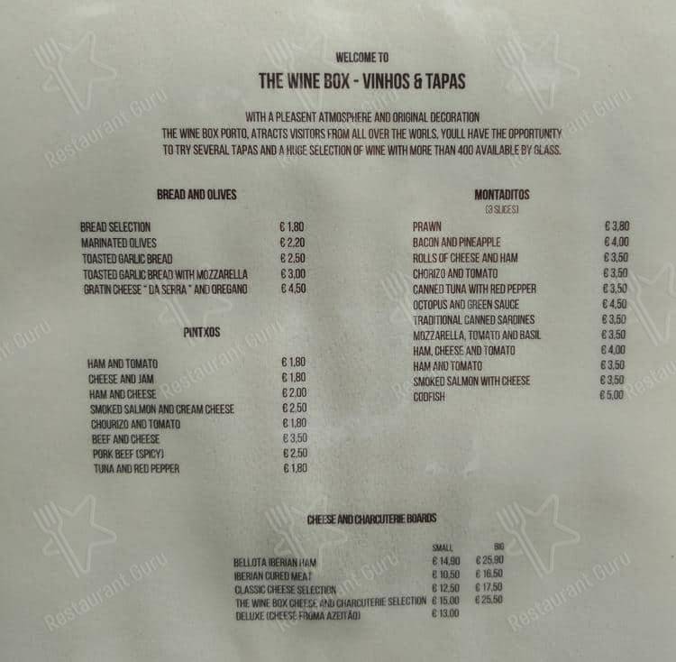 Menu at The Wine Box Porto restaurant, Porto, R. dos Mercadores 72 - 74