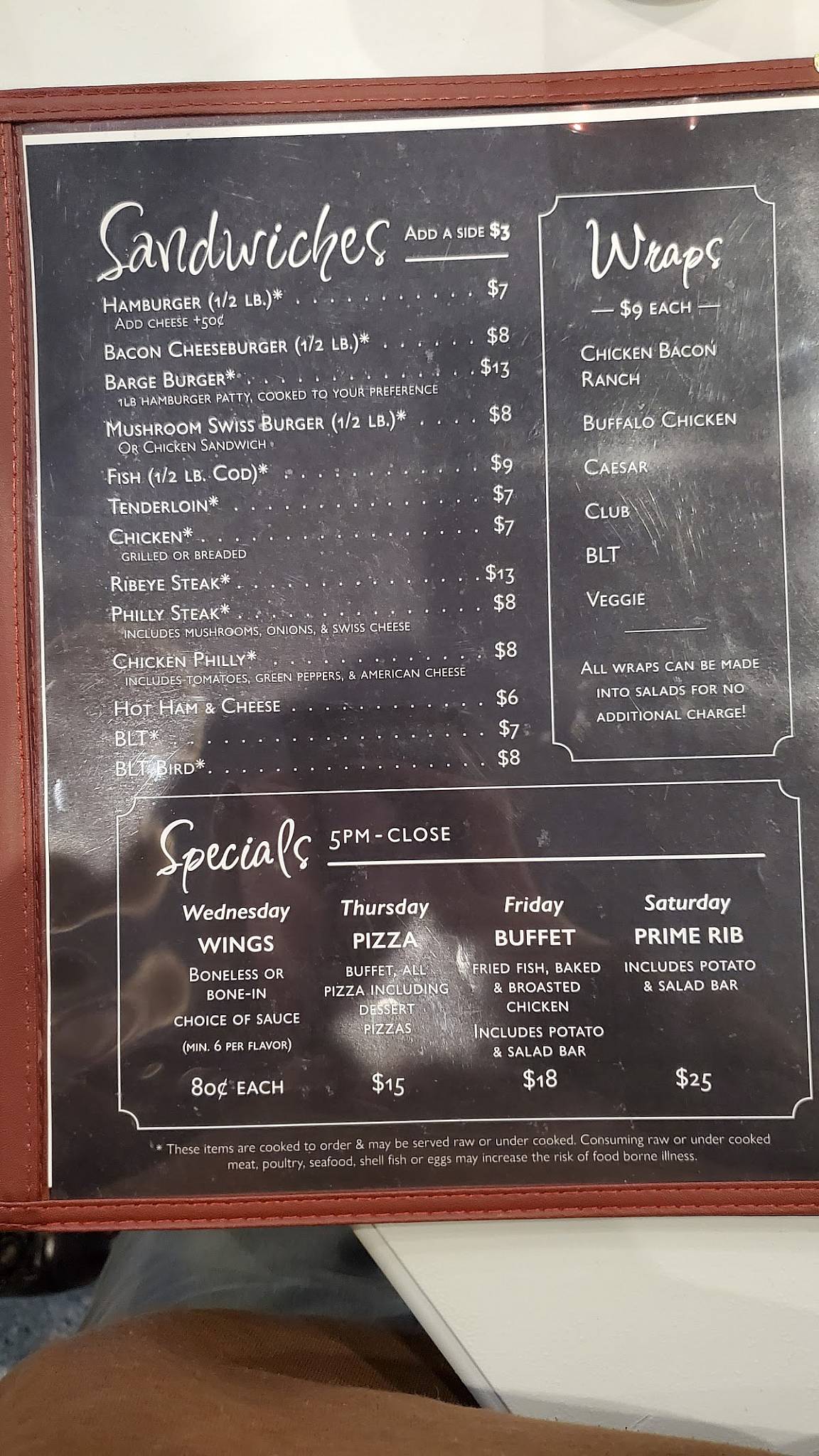 Menu at Portside Bar and Supper Club, Harpers Ferry