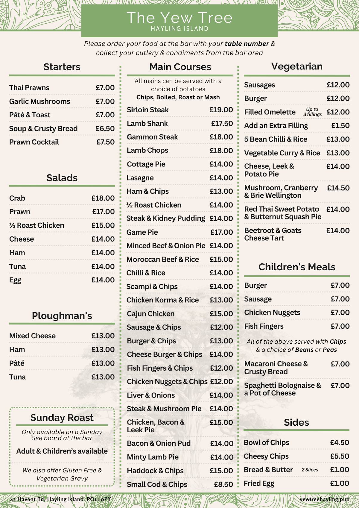 Menu at The Yew Tree Inn pub & bar, South Hayling, 42 Havant Rd.