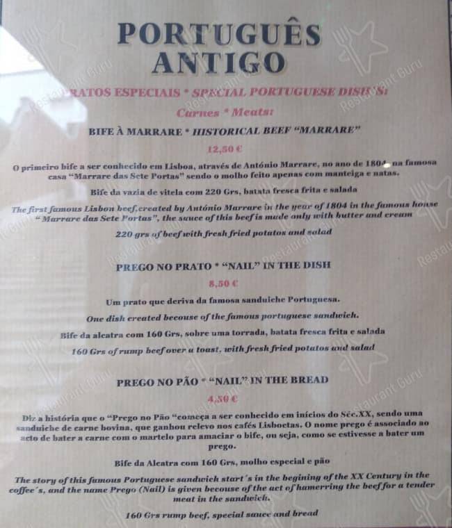 Menu at Português Antigo Café, Lisbon
