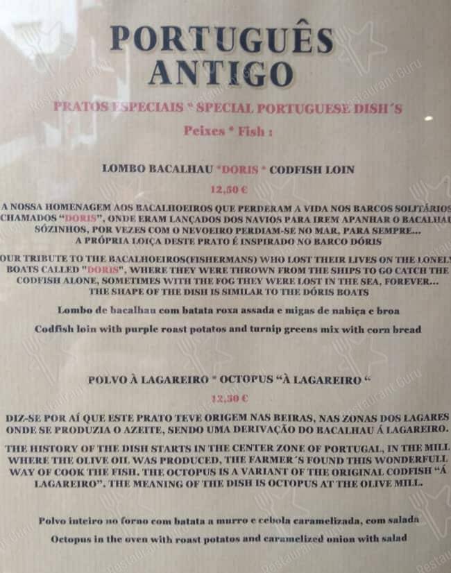 Menu at Português Antigo Café, Lisbon