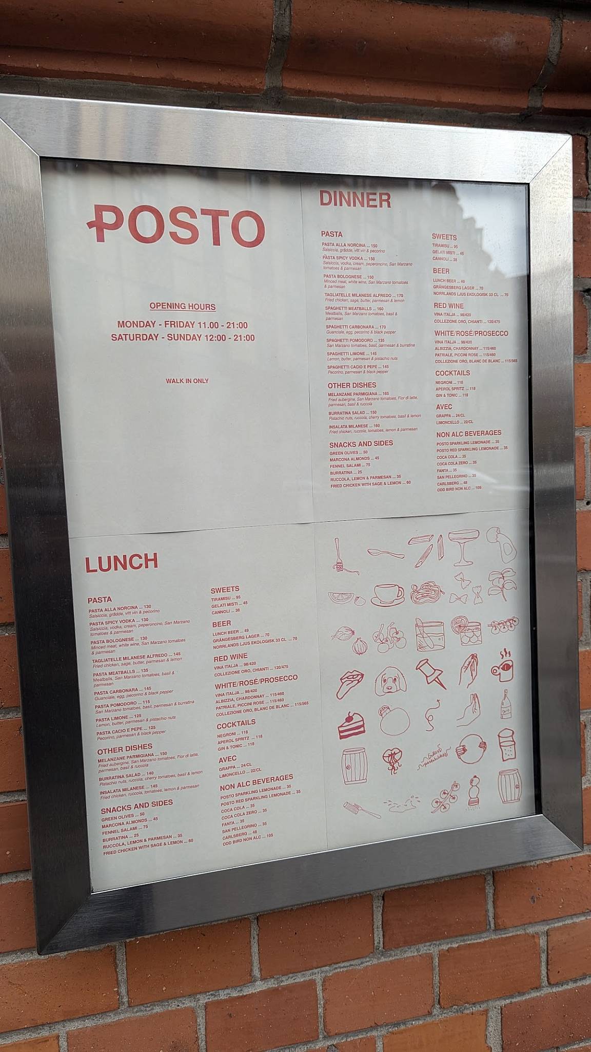Menu at Posto restaurant, Gothenburg
