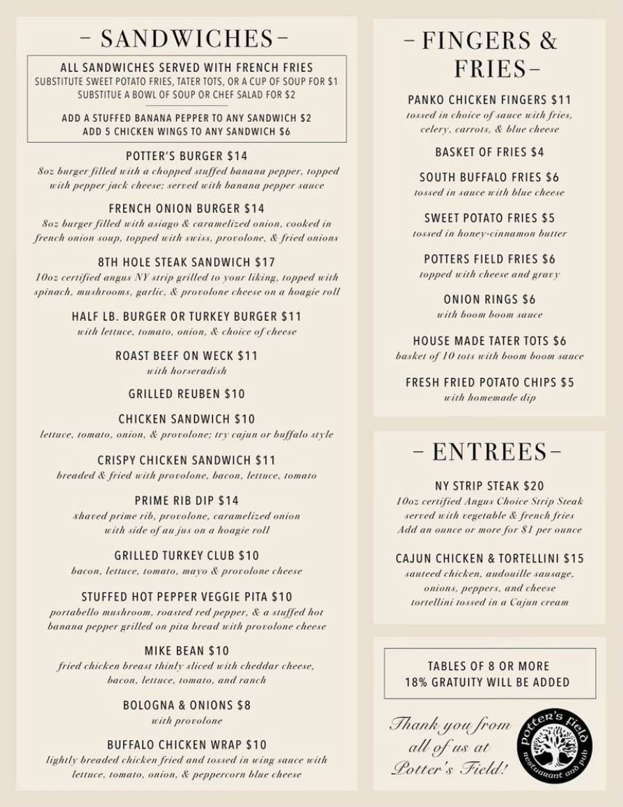 Menu at Potters Field Restaurant & Pub, Buffalo