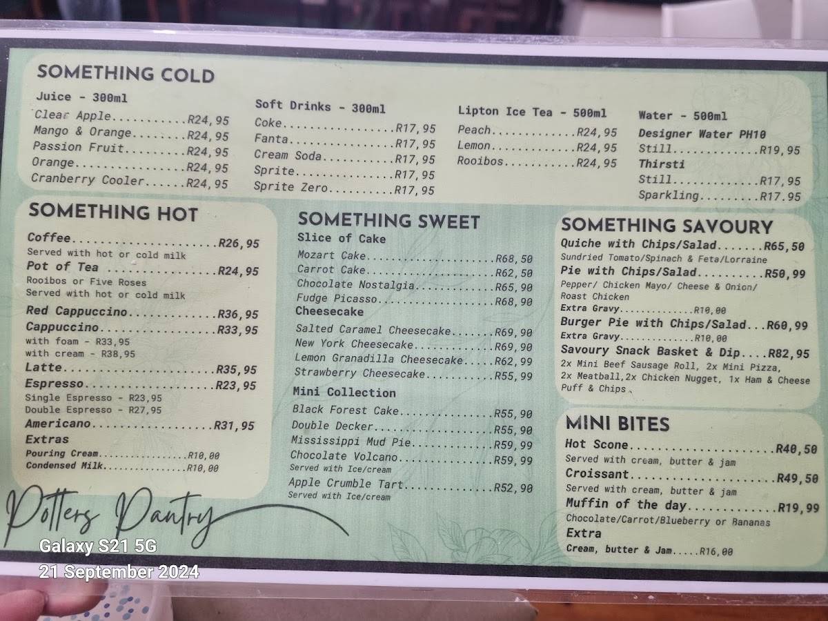 Menu at Potter's Palette cafe, Heidelberg - GP