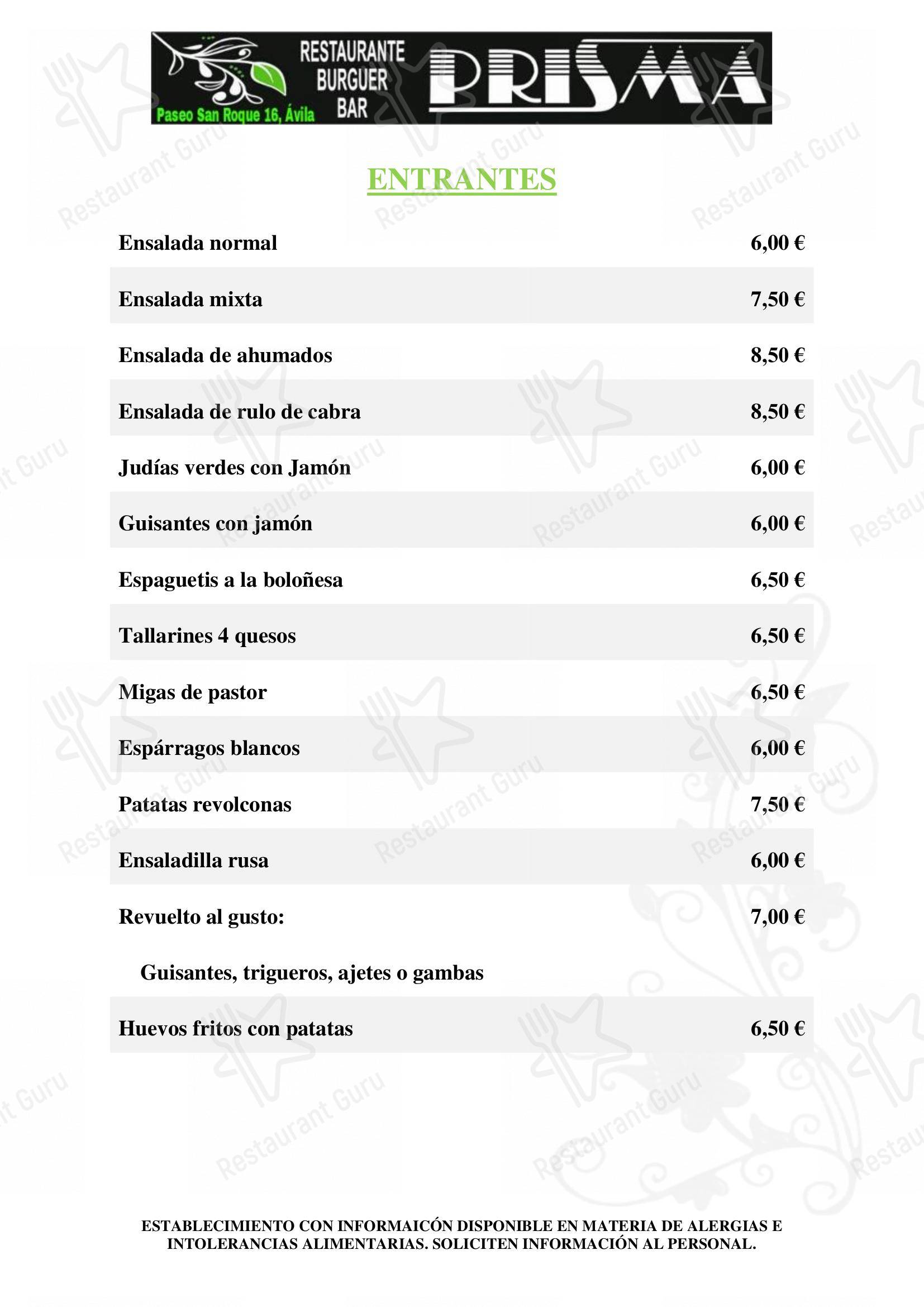 Carta del pub y bar Prisma, Ávila