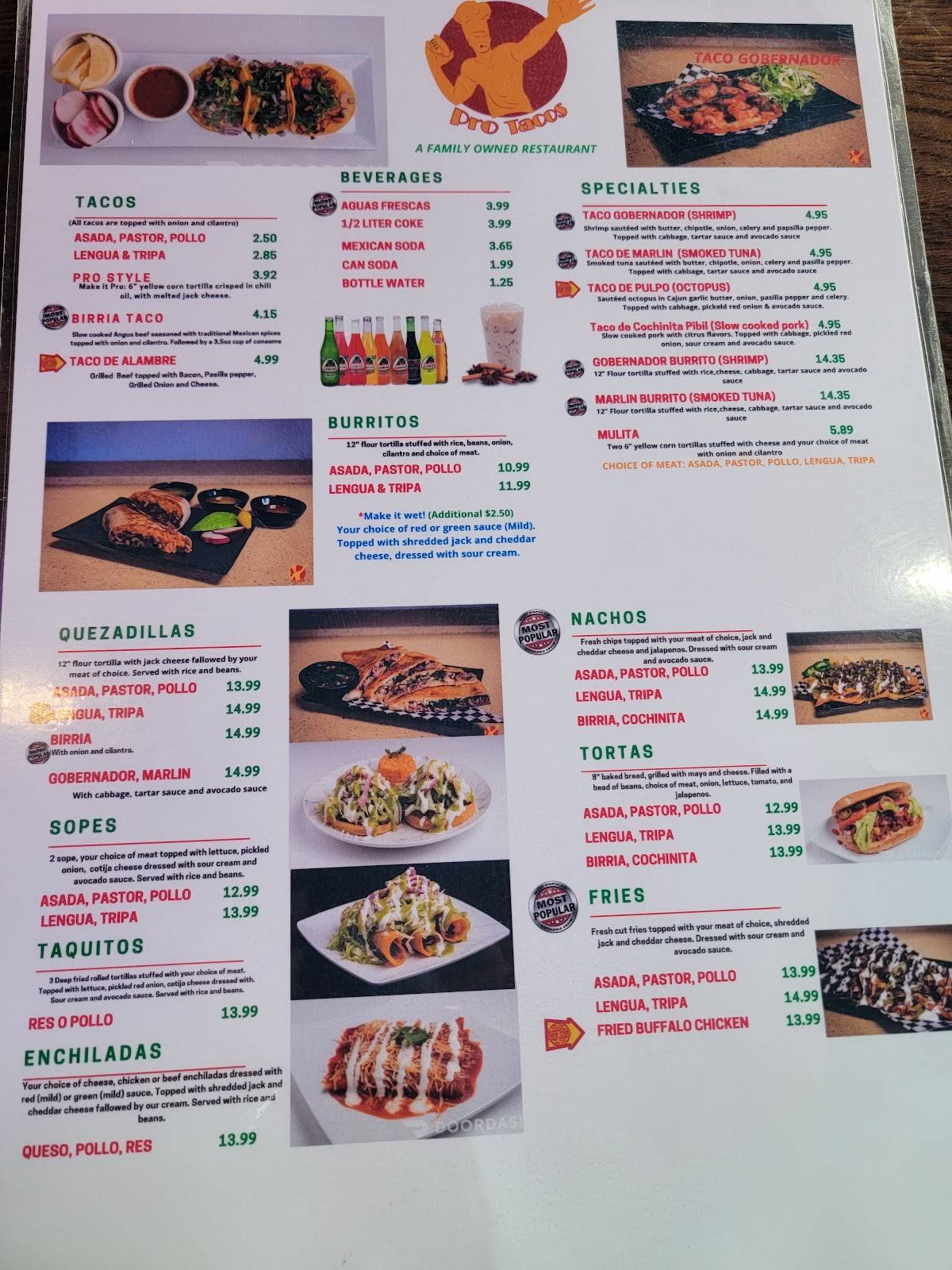 Menu at Pro Tacos Mexican Restaurant & Bar, Walnut, Amar Rd #8E