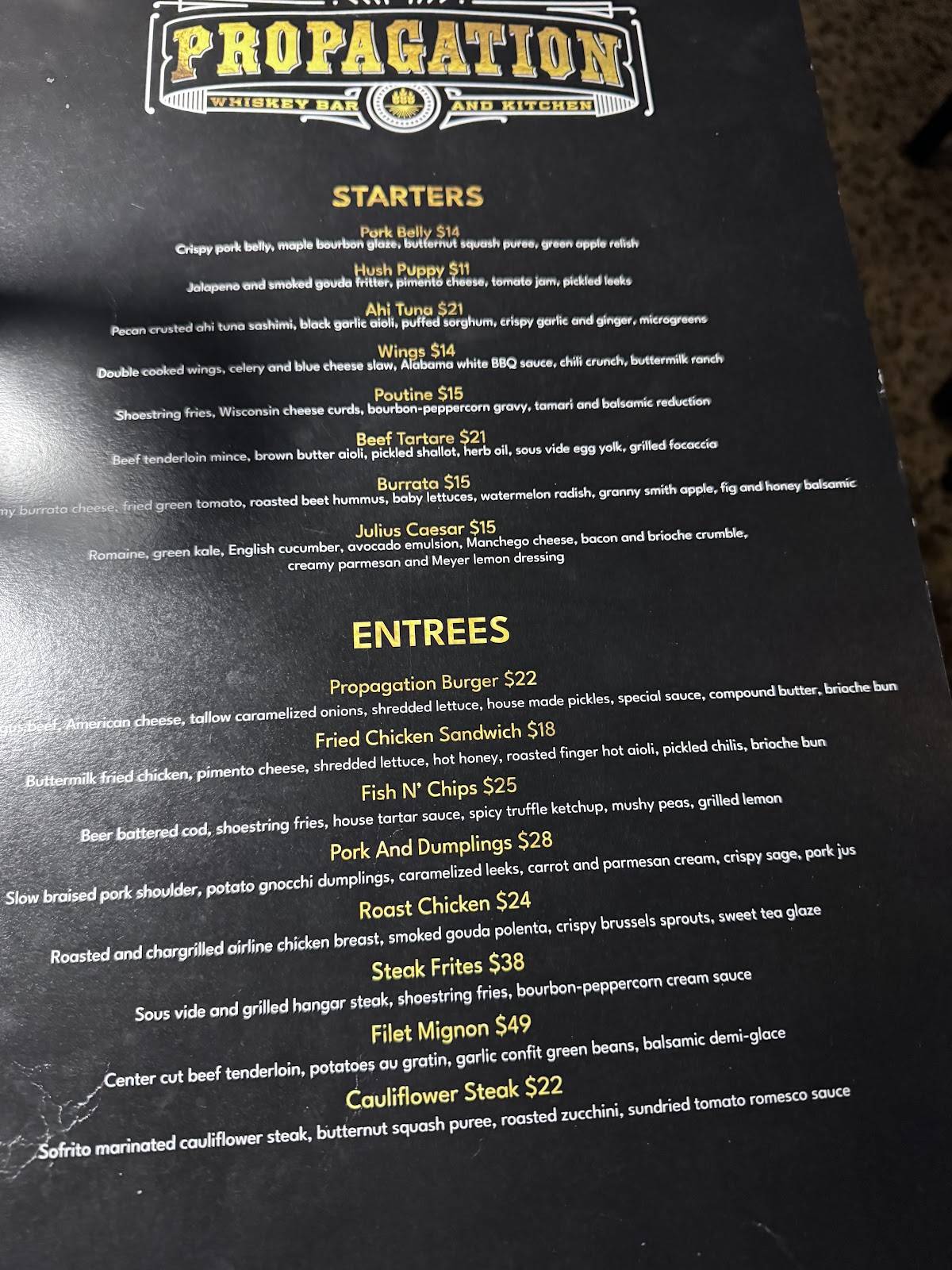 Menu at Propagation Whiskey Bar and Kitchen, Plant City