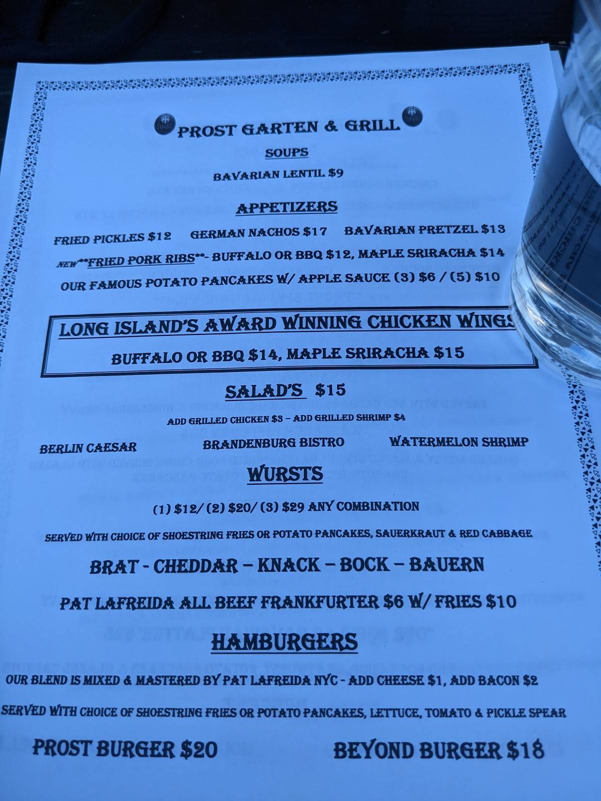 Menu at Prost Grill & Garten restaurant, Garden City