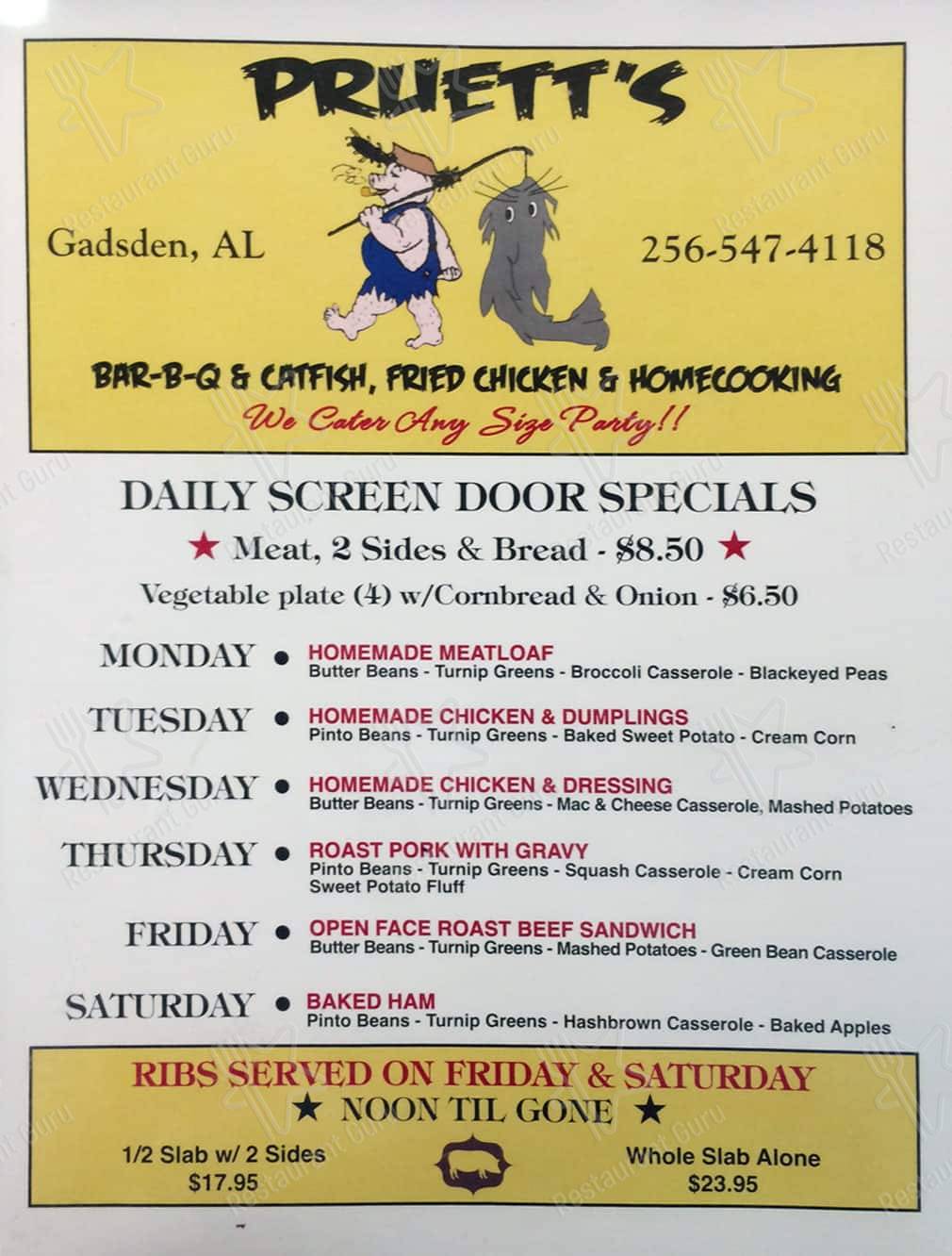 Menu at Pruett's Bar-B-Q, Gadsden