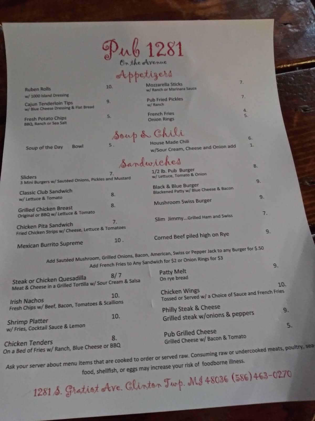 Menu at Pub 1281, Charter Township of Clinton
