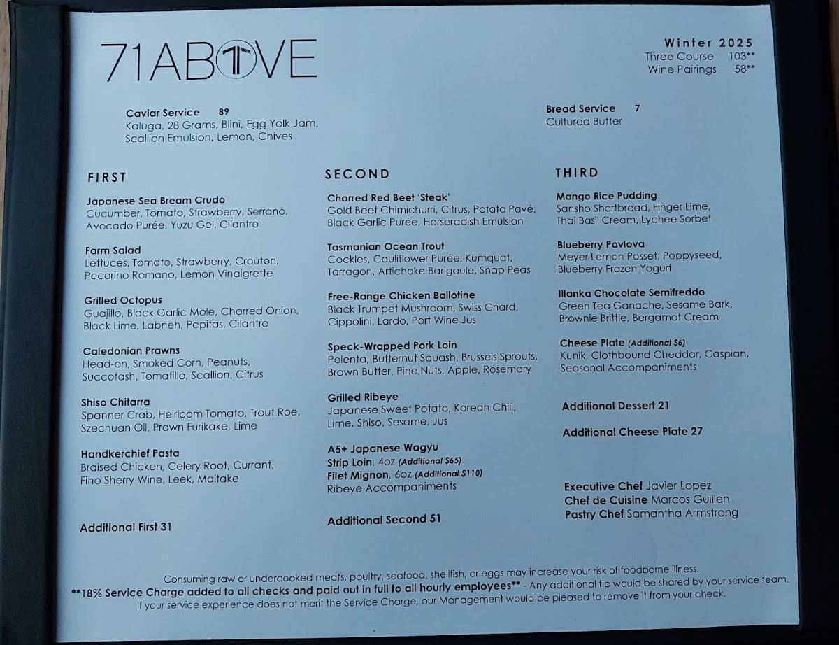 Menu at 71Above pub & bar, Los Angeles