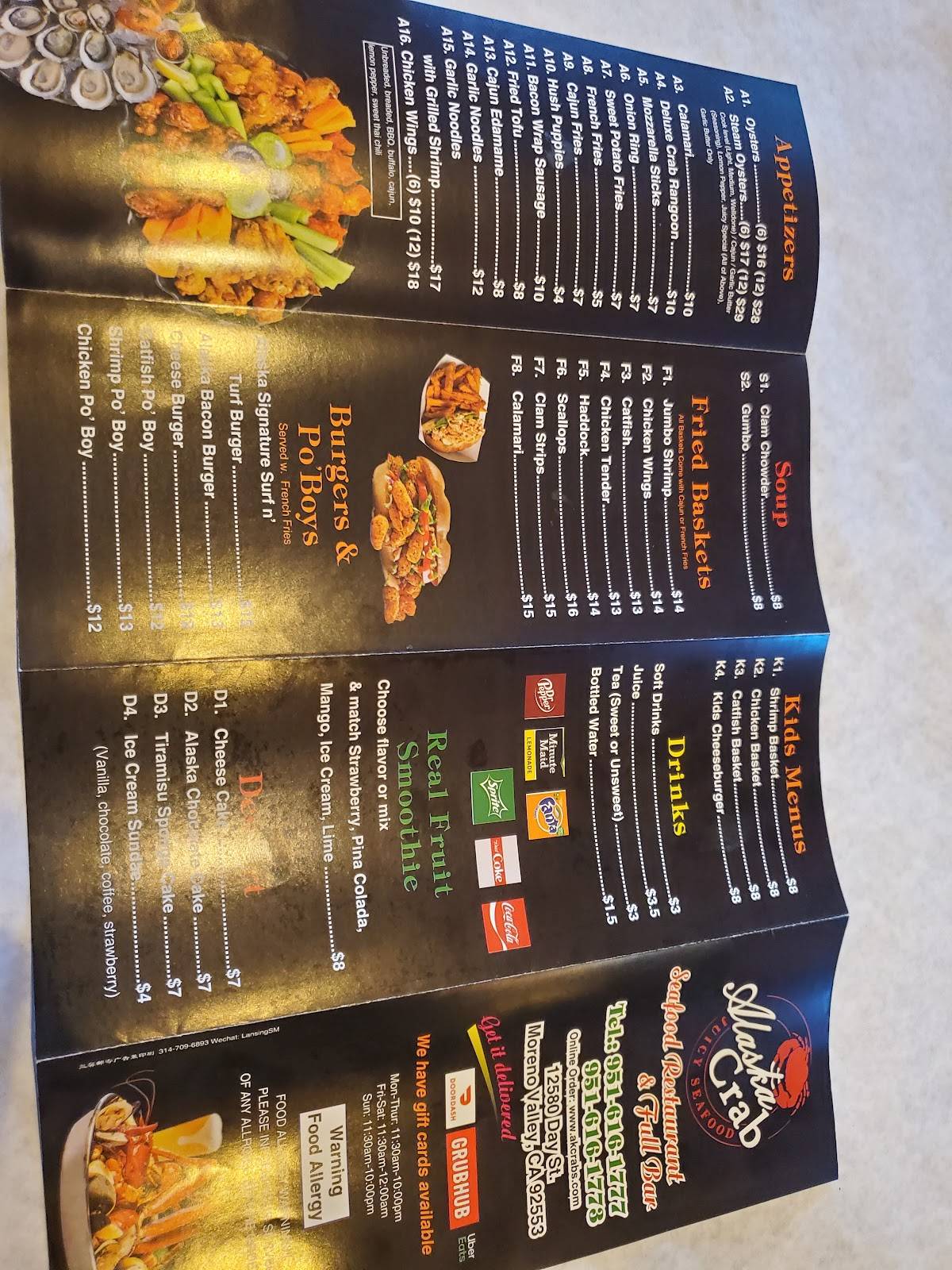 Menu at Alaska Crab pub & bar, Moreno Valley