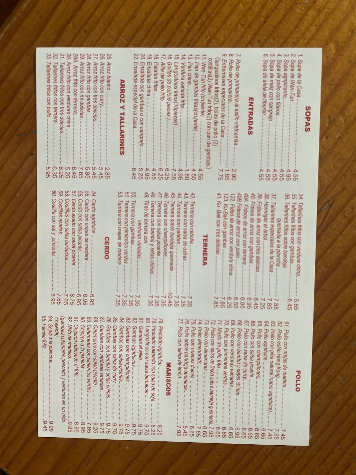 Carta de Bar Restaurante Chino, Zhou, San Martín de la Vega