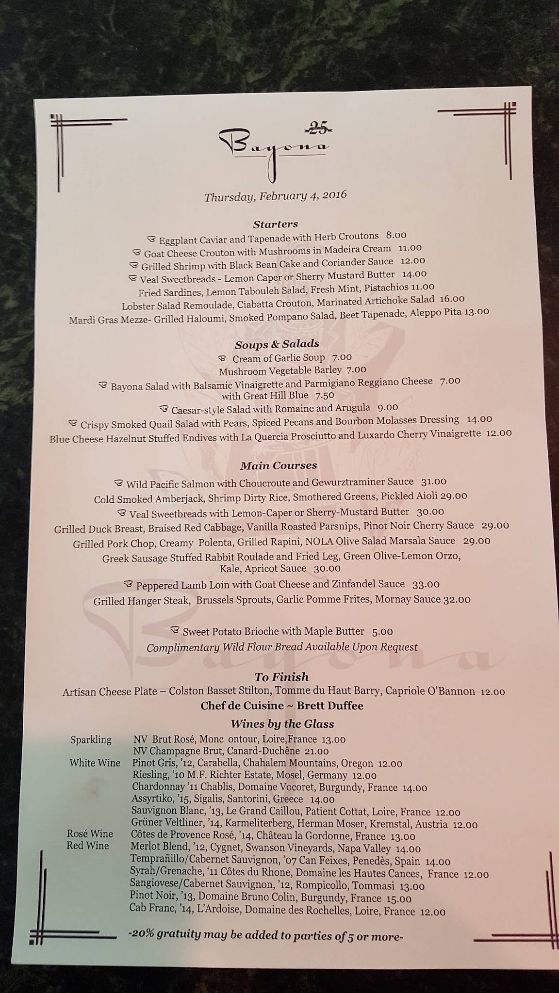 Menu at Bayona pub & bar, New Orleans