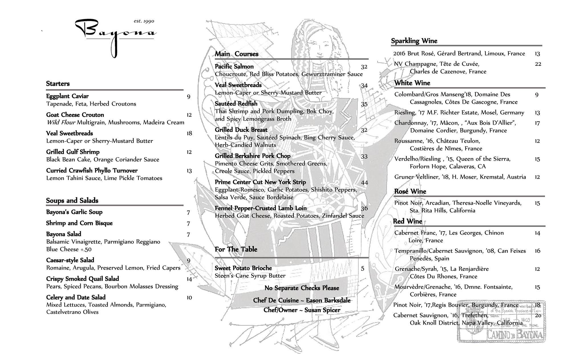 Menu at Bayona pub & bar, New Orleans