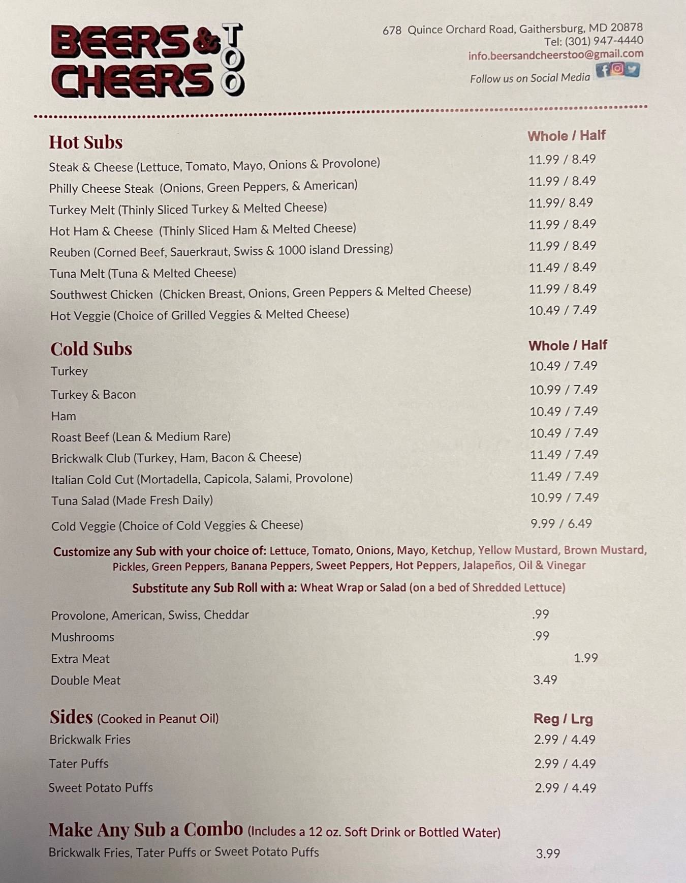 Menu at Beers & Cheers Too pub & bar, Gaithersburg