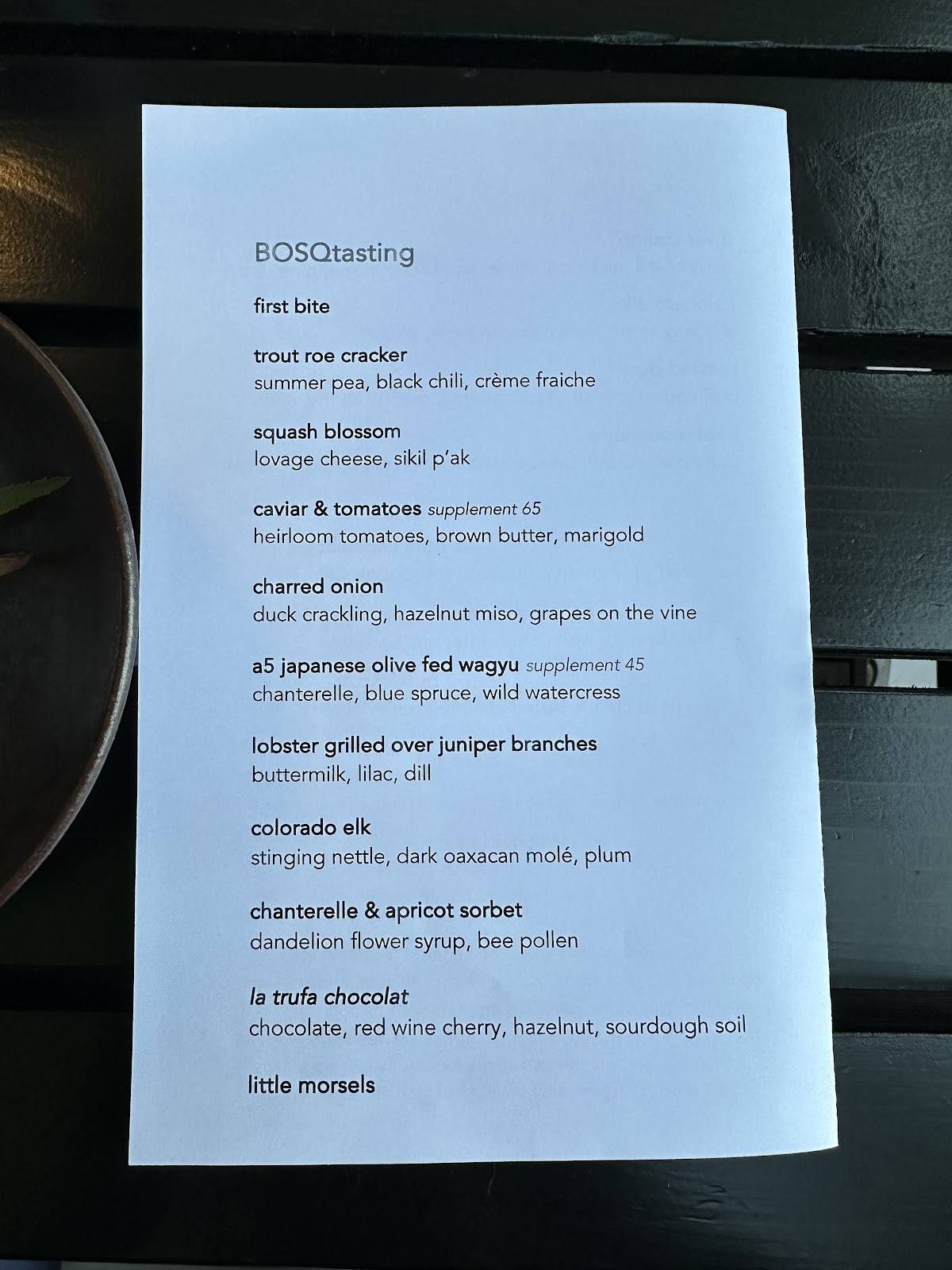 Menu at Bosq Restaurant, Aspen