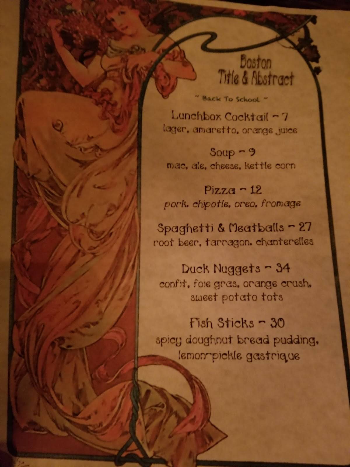 Menu at Boston Title & Abstract pub & bar, Tulsa