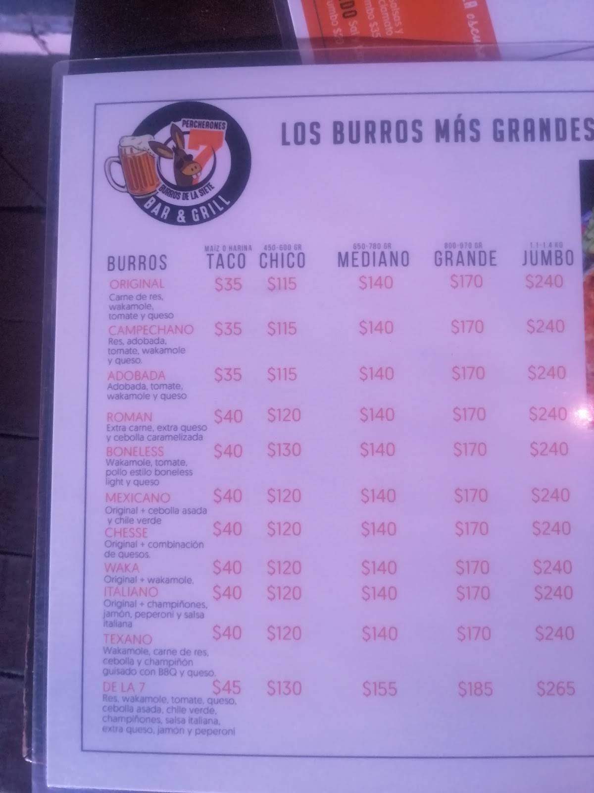 Carta de Burros de la 7 percherones & Bar, Hermosillo