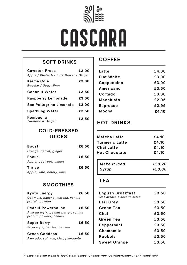 Menu at CASCARA pub & bar, Bath