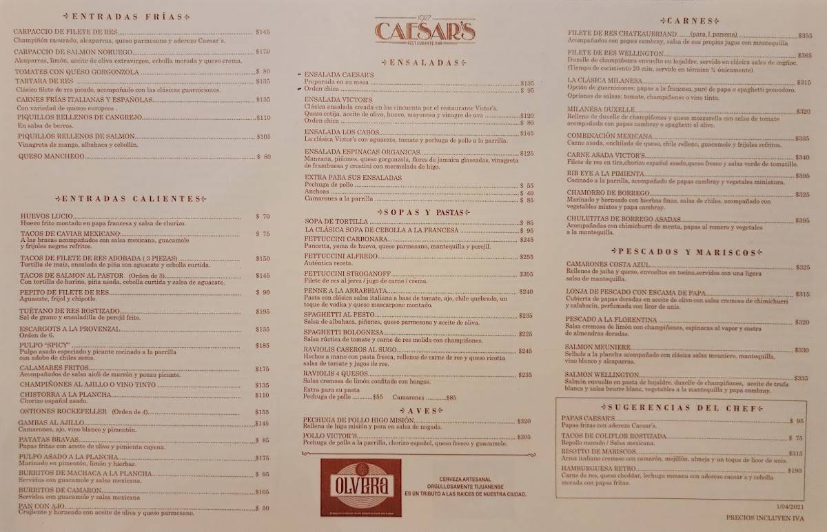 Menu at Caesar's pub & bar, Tijuana, Av. Revolución 8190