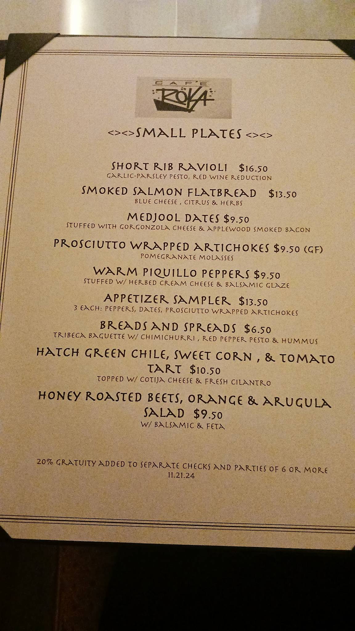 Menu at Cafe Roka, Bisbee