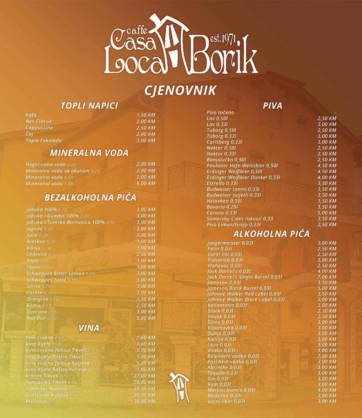 Menu au Casa Loca Borik café, Banja Luka