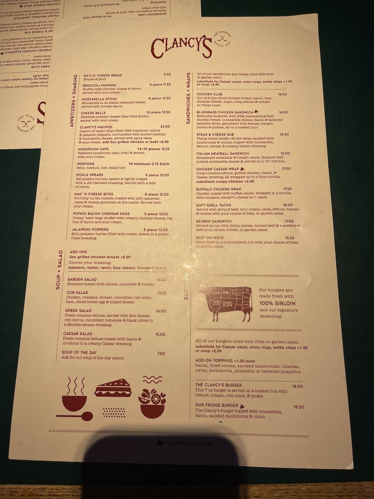 Menu at Clancy's Restaurant and Bar, Niagara Falls