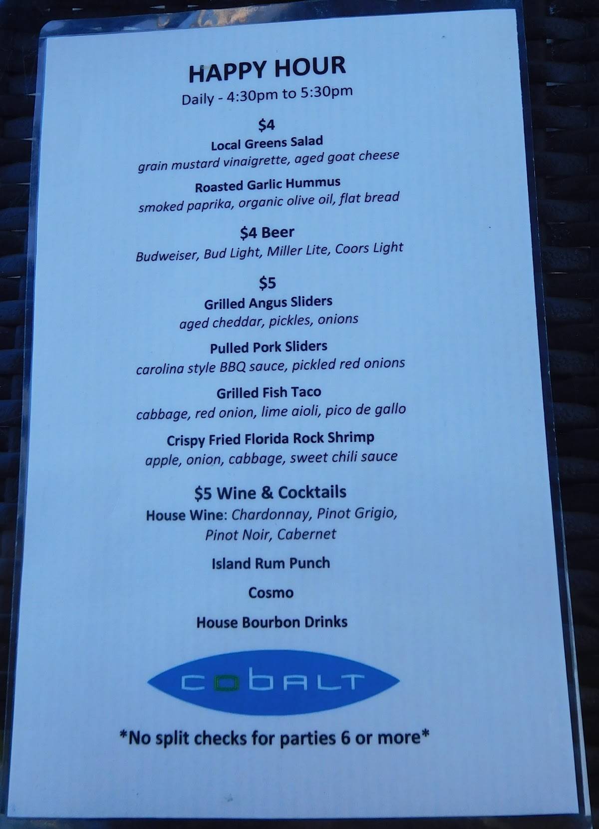 Menu at Cobalt pub & bar, Vero Beach