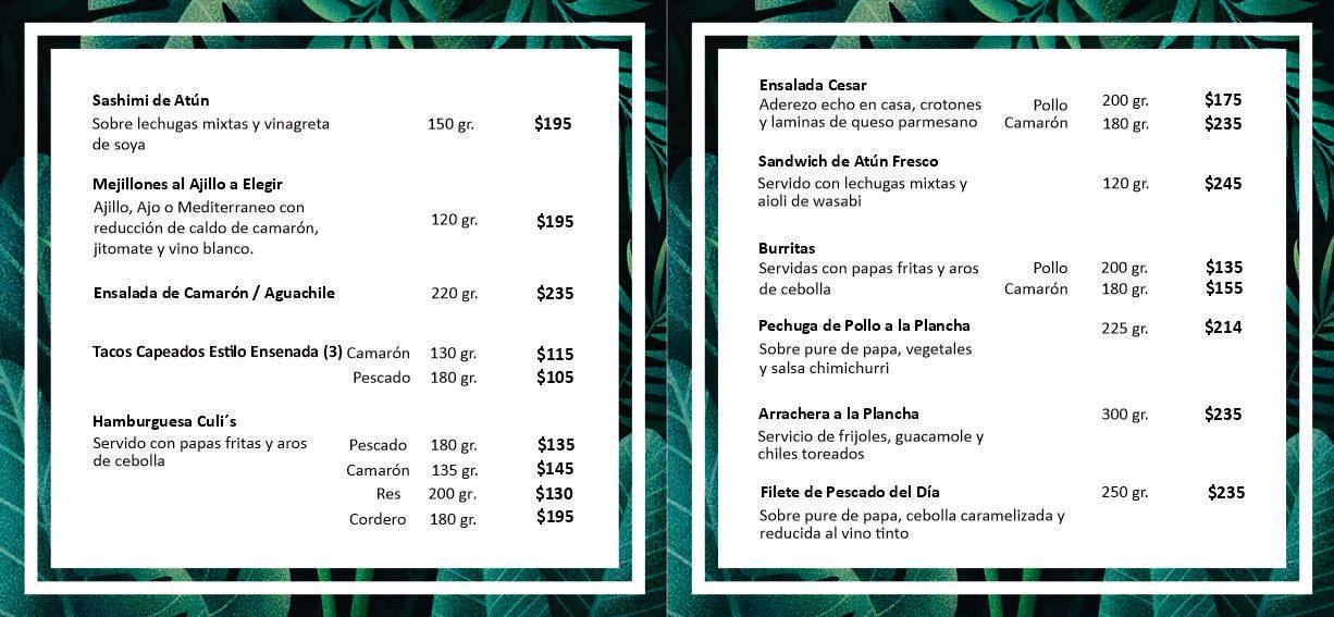 Menu at Culi's Restaurant & Bar, Bucerías